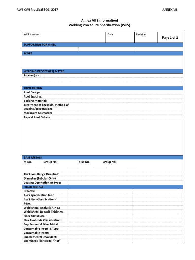 Welding Procedure Specification (WPS) Form | PDF | Welding | Construction