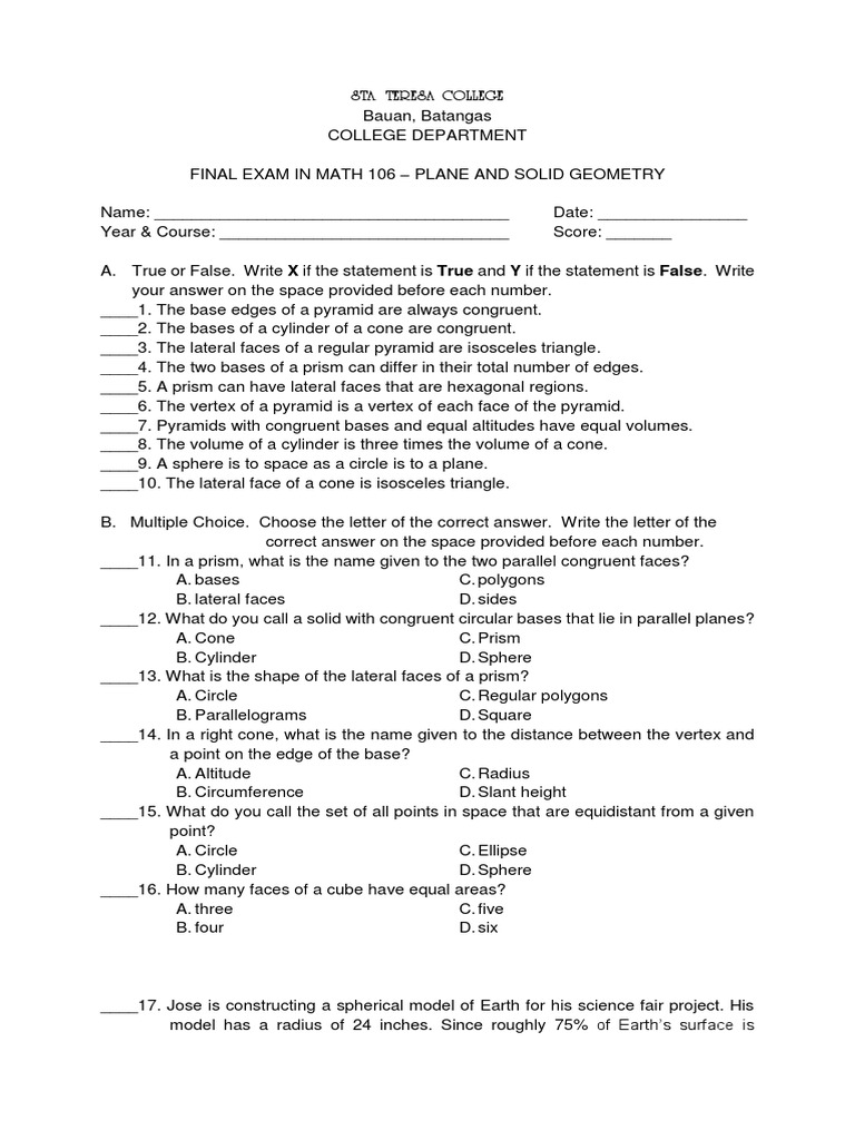 Final Exam: Plane and Solid Geometry | PDF | Volume | Sphere