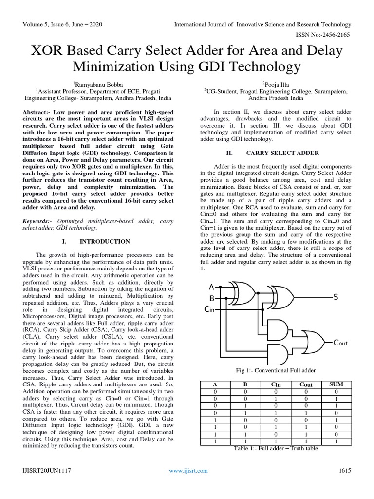 XOR Based Carry Select Adder For Area and Delay Minimization Using GDI Technology | PDF | Logic ...