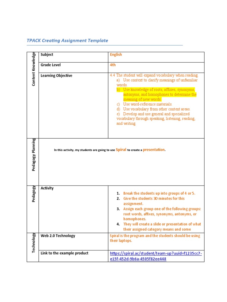 4th Grade Vocabulary Assignment Template | PDF | Vocabulary | Microsoft ...