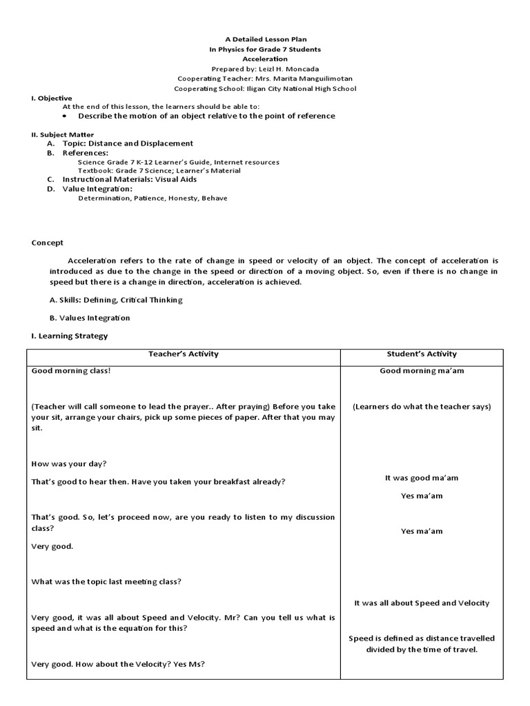 Acceleration Lesson Plan for Grade 7 | PDF | Speed | Acceleration