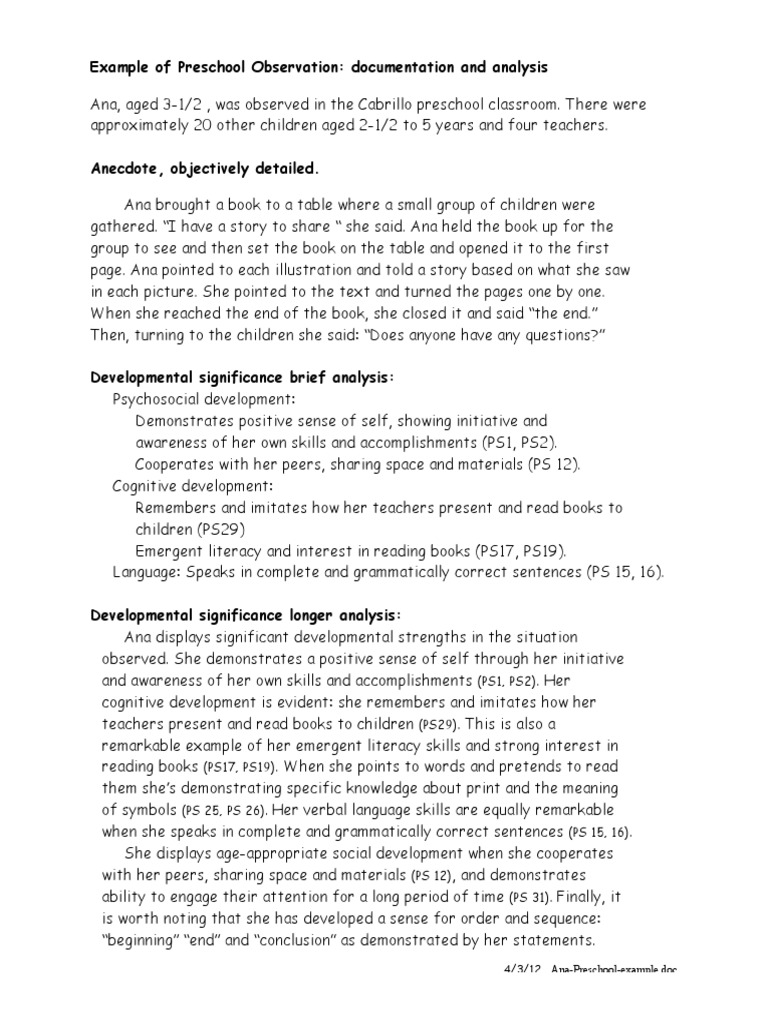 Example of Preschool Observation: Documentation and Analysis | PDF ...