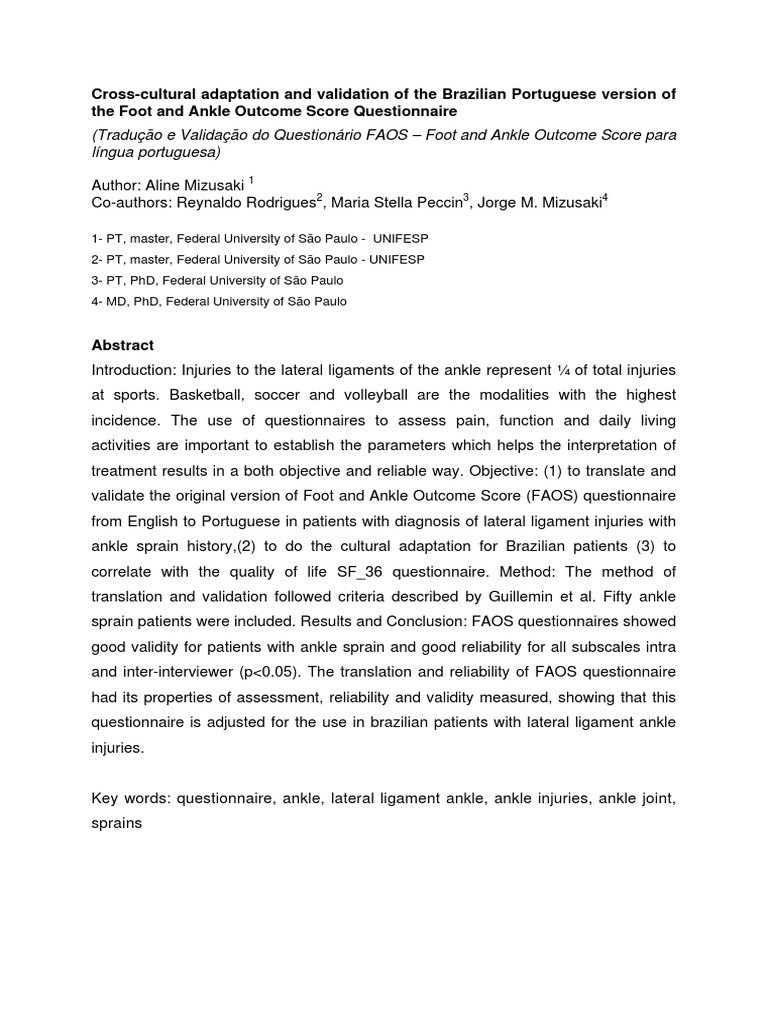 Tradução e Validação Do Questionário FAOS - Foot and Ankle Outcome ...