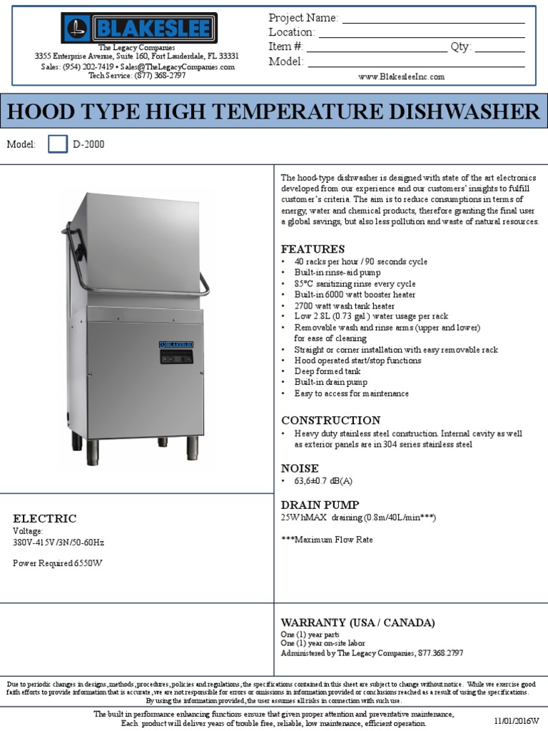 D-2000 - Hood Type Dishwasher | PDF | Dishwasher | Nature
