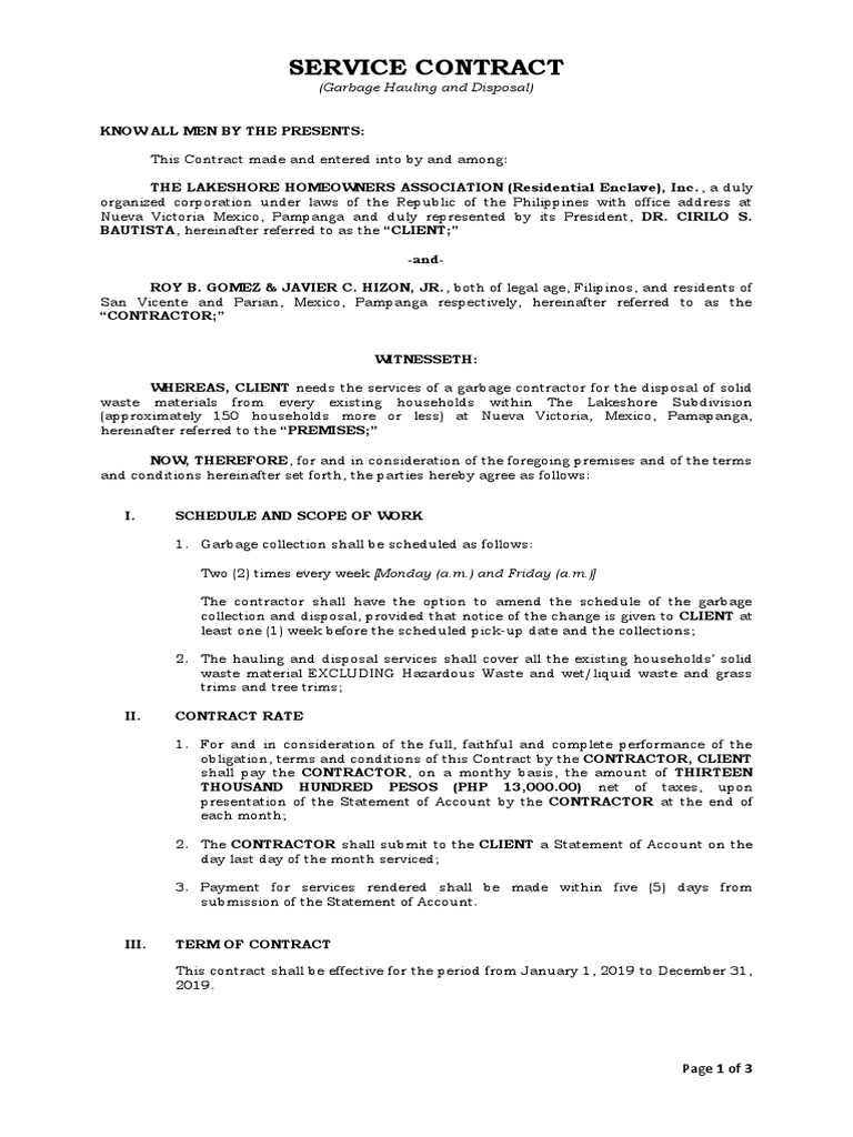 Service Contract: (Garbage Hauling and Disposal) | PDF | Waste ...