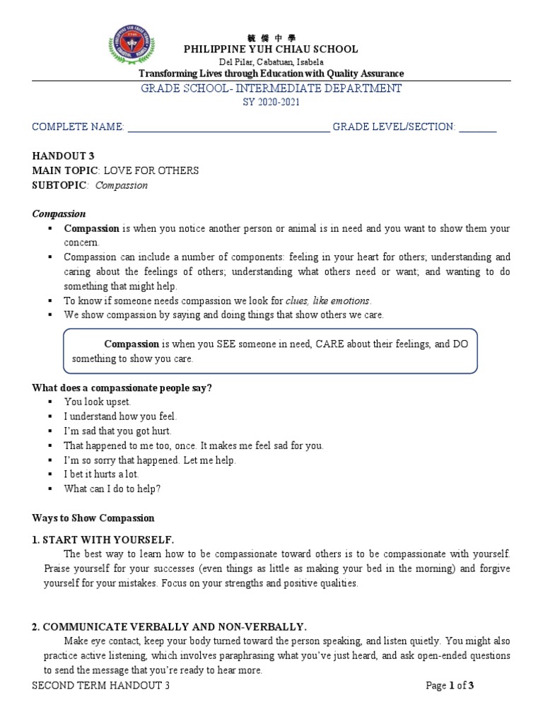 Grade School-Intermediate Department: COMPLETE NAME: - GRADE LEVEL ...