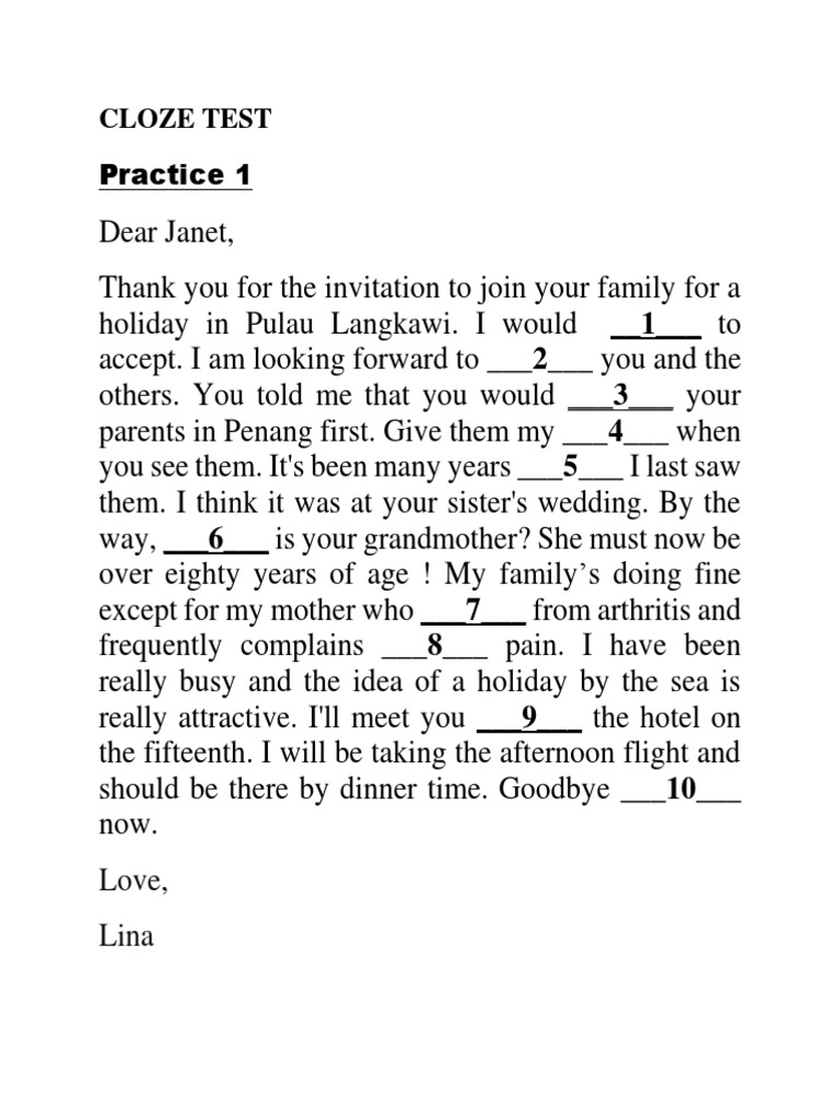 Cloze Test Practice 1: Love, Lina | PDF