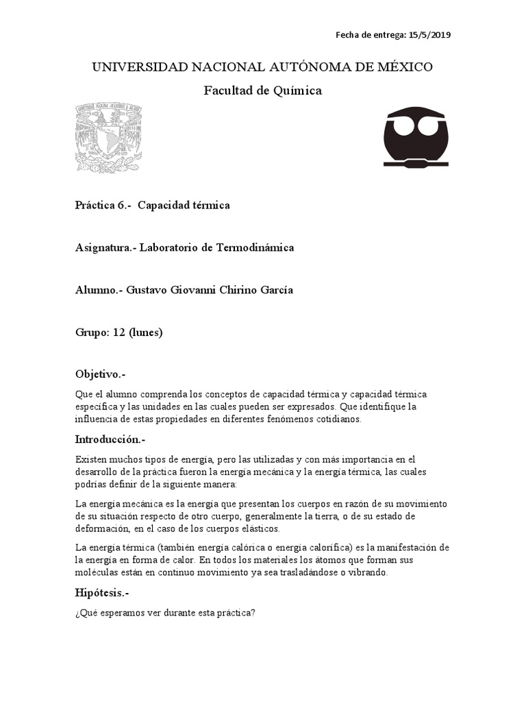 Práctica 6: Capacidad Térmica Específica | PDF | Capacidad calorífica ...
