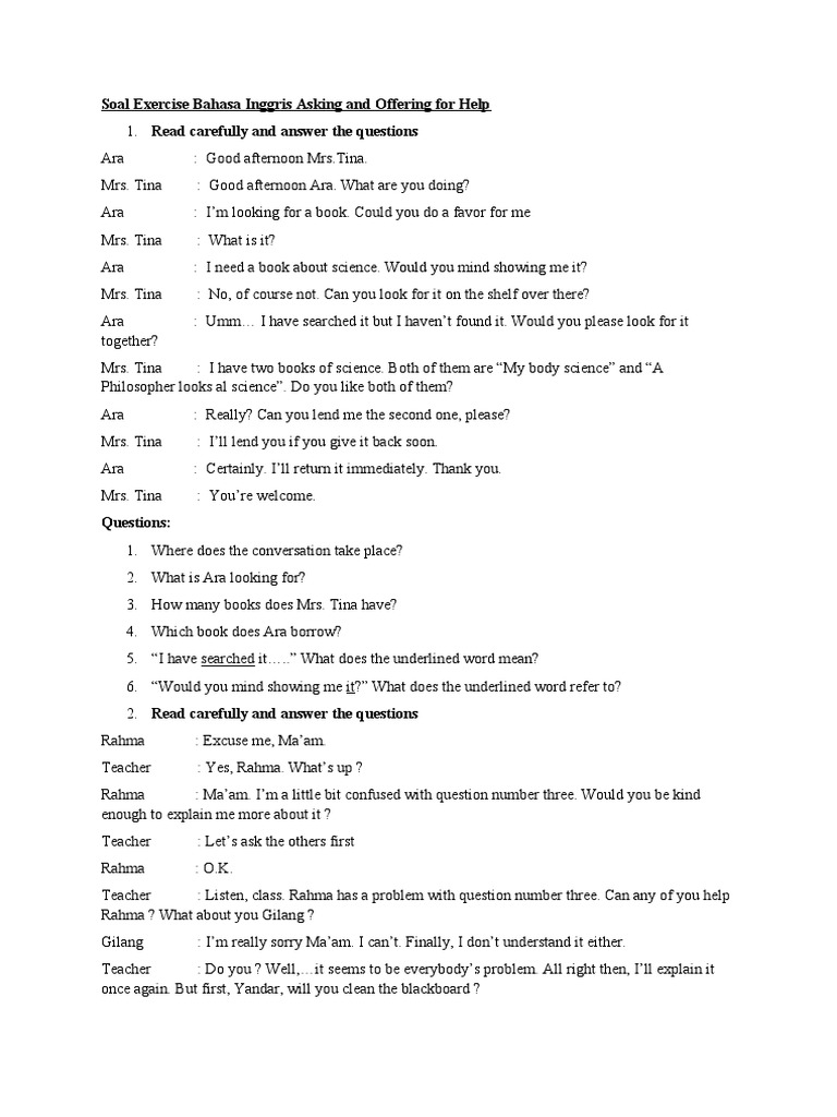 Soal Exercise Bahasa Inggris Asking and Offering For Help | PDF