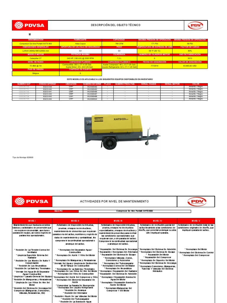 Actividades Mtto Atlas Copco XATS 800 | PDF | Turbocompresor | Bomba