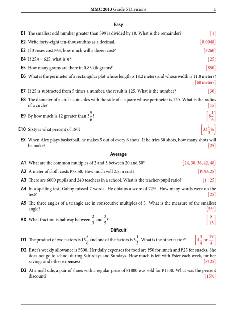 MMC 2013 Gr5 Div | Download Free PDF | Elementary Mathematics ...