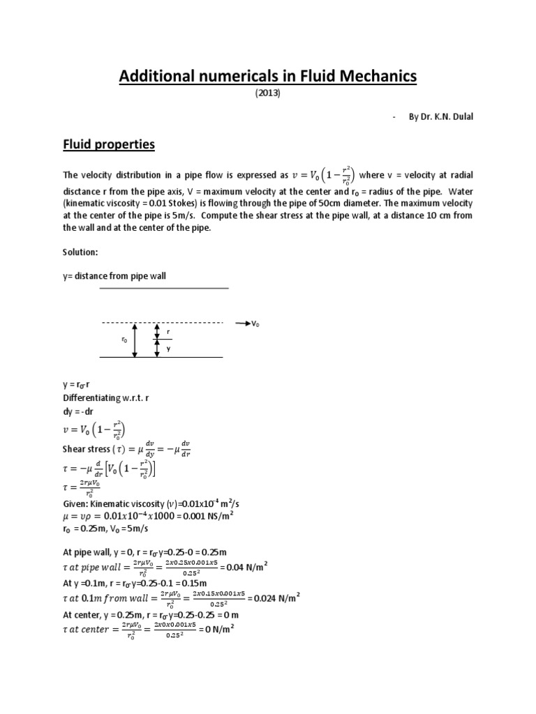Additional Numericals in Fluid Mechanics | PDF | Shear Stress | Viscosity