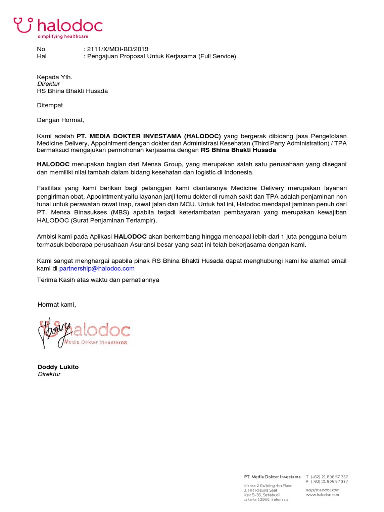 Surat Pengenalan Provider Halodoc - RS Bhina Bhakti Husada PDF | PDF