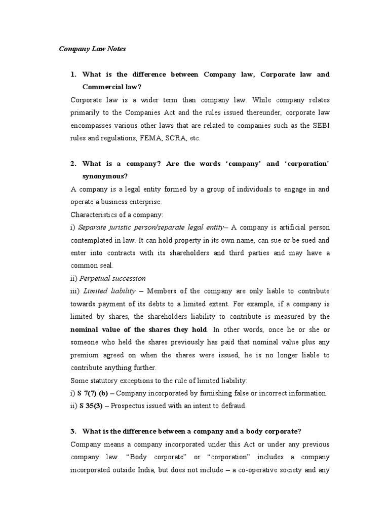 Company Law Notes | PDF | Preferred Stock | Piercing The Corporate Veil