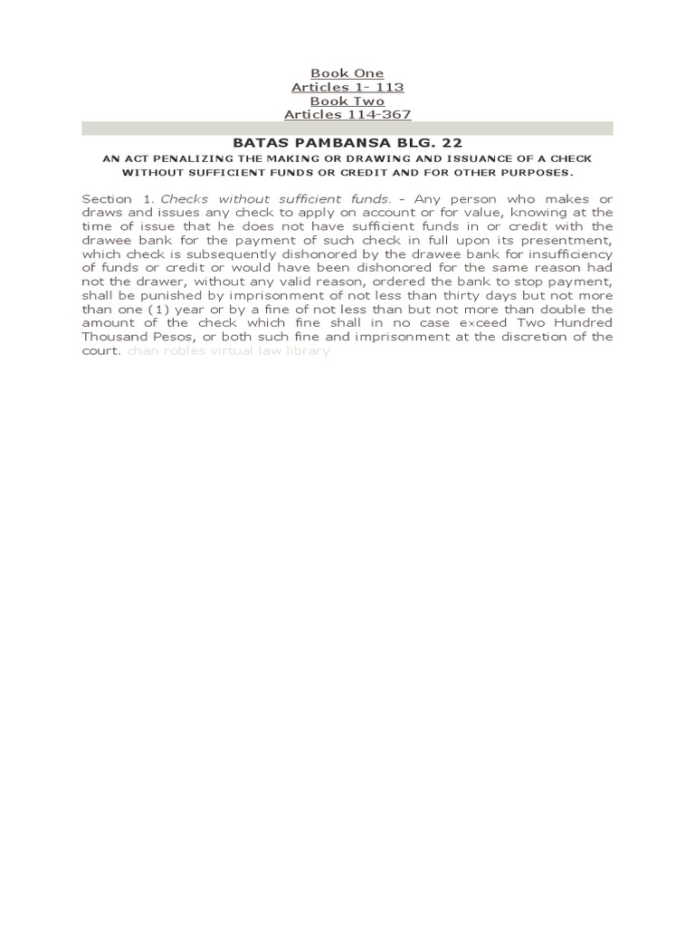 Batas Pambansa Blg. 22: Book One Articles 1-113 Book Two Articles 114 ...