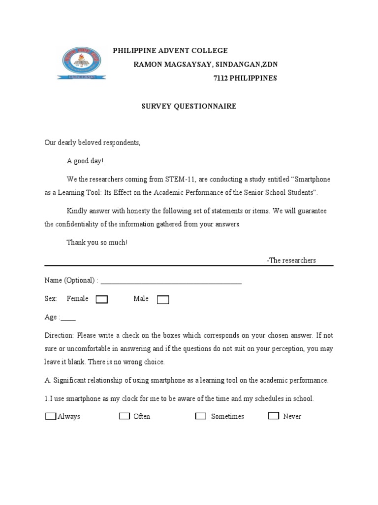SURVEY QUESTIONNAIRE Sample 1 | PDF | Survey Methodology | Smartphone