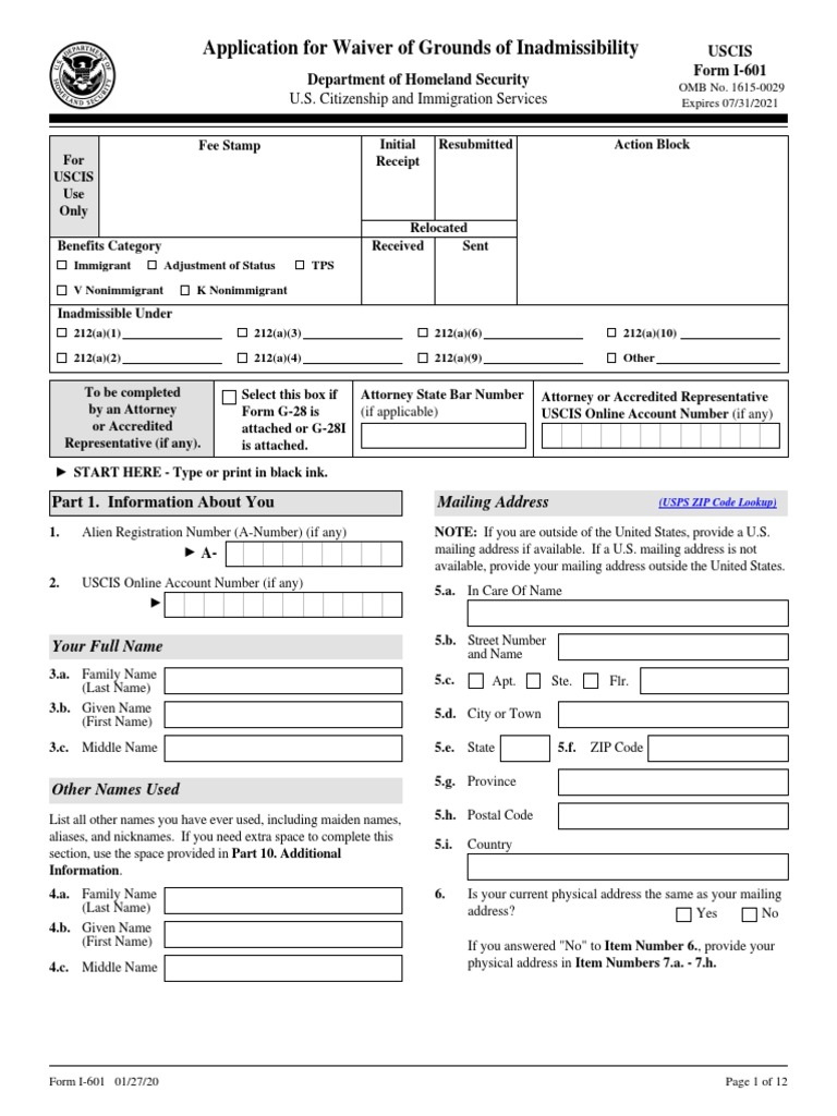 Application For Waiver of Grounds of Inadmissibility: Uscis Form I-601 ...