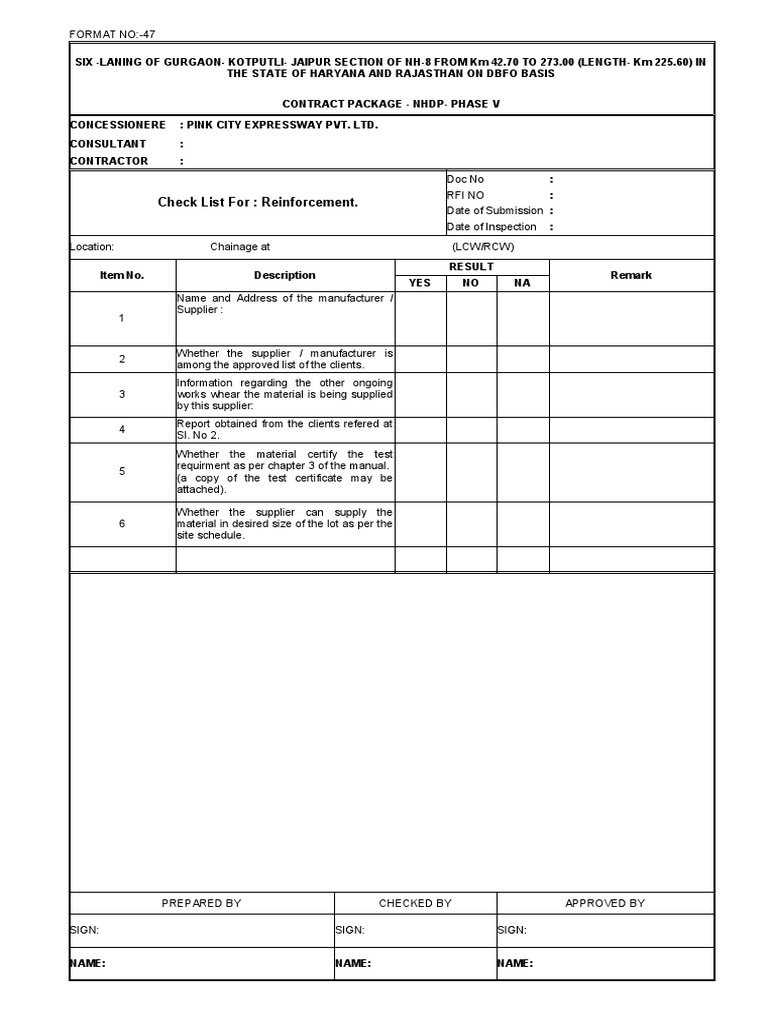 Check List For: Reinforcement | PDF