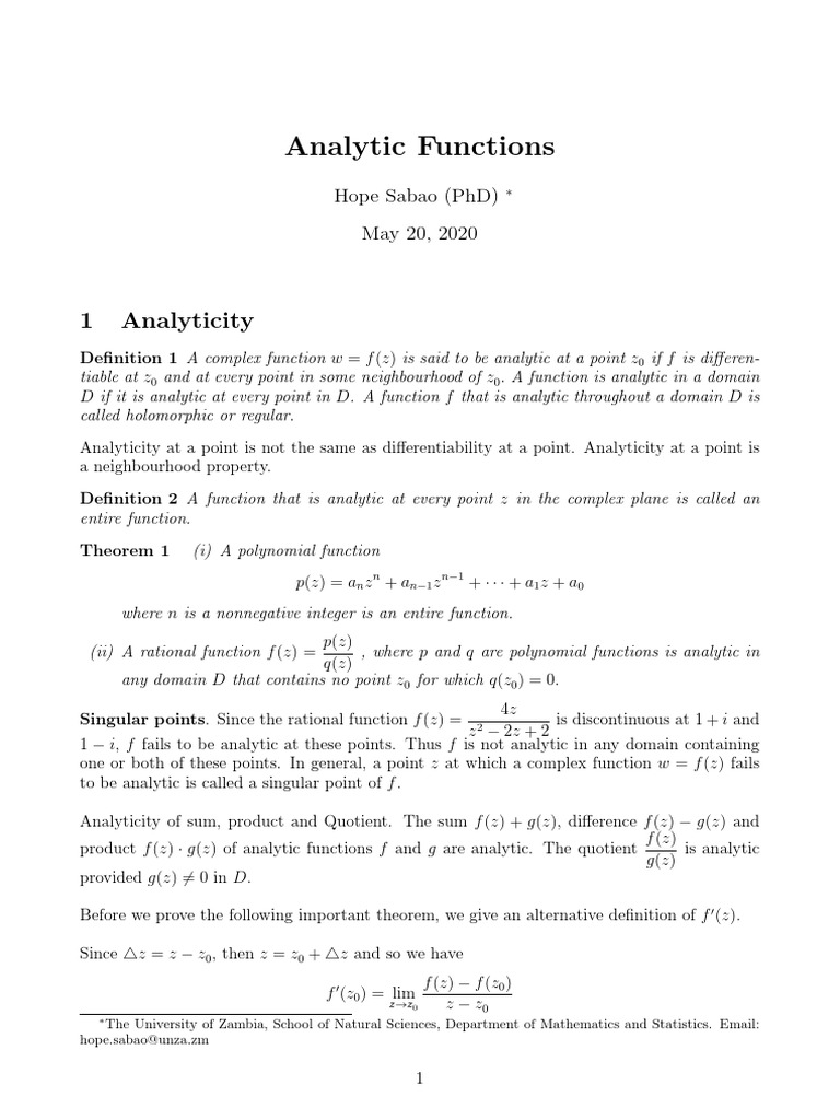 Analytic Functions: 1 Analyticity | PDF | Complex Analysis | Analytic Function