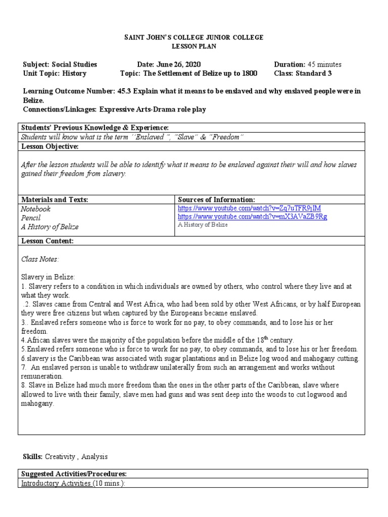 Lesson Plan Helen Palacio 1 1 2 | PDF | Belize | Slavery