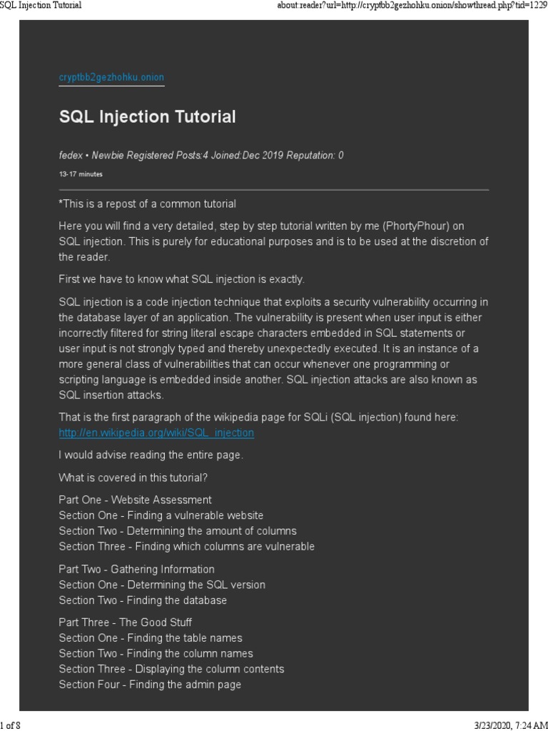 SQL Injection Tutorial: Cryptbb2gezhohku - Onion | Download Free PDF ...