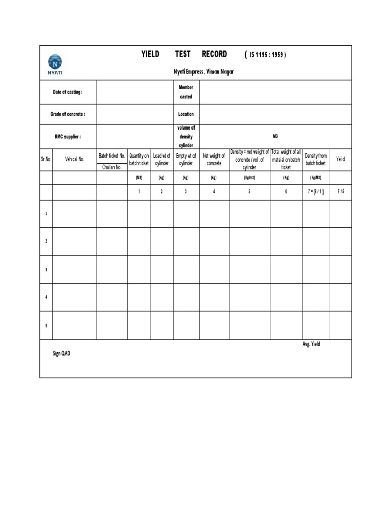 Yield Test Record (: Nyati Empress, Viman Nagar | PDF
