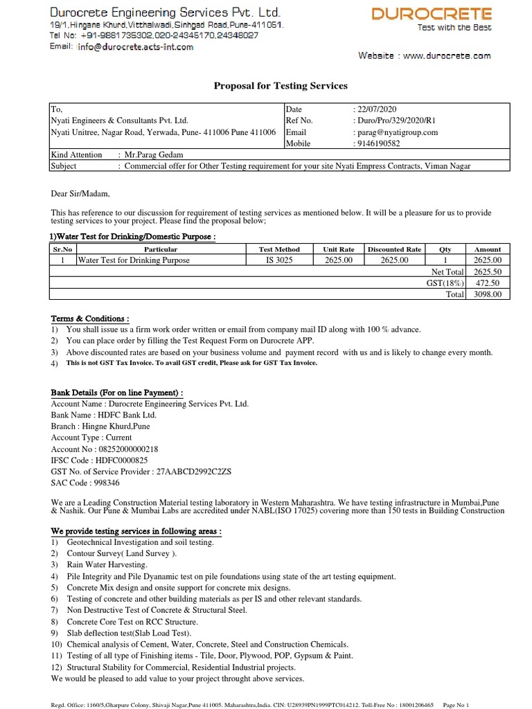 Proposal For Testing Services: 1) Water Test For Drinking/Domestic ...