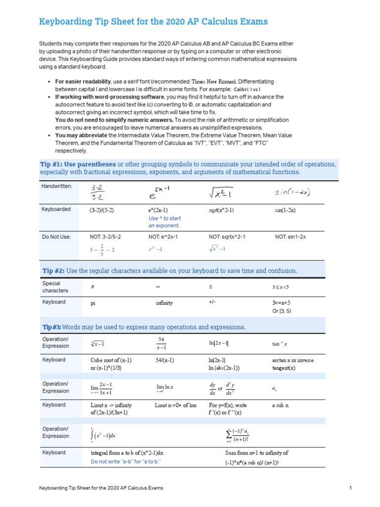 Keyboarding Tip Sheet For The 2020 AP Calculus Exams | PDF | Theorem ...
