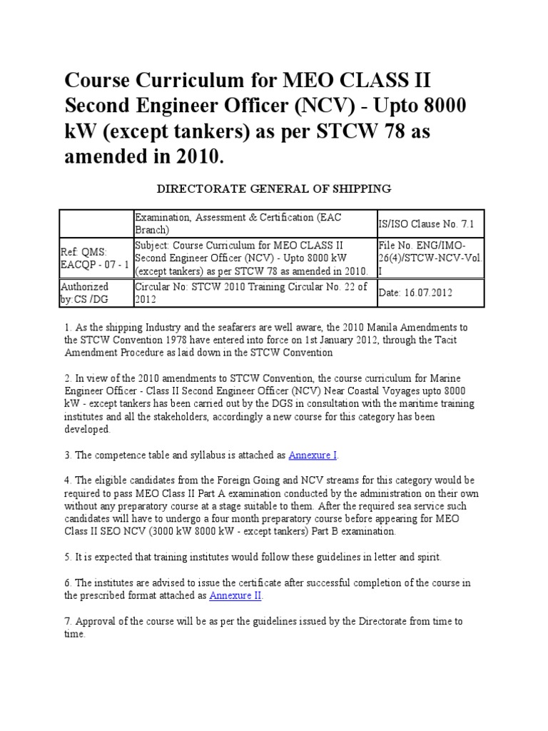 Course Curriculum For MEO CLASS II Second Engineer Officer | PDF | Government | Transport
