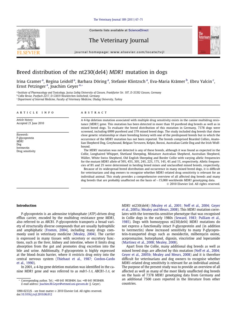 Breed Distribution of The nt230 (Del4) MDR1 Mutation in Dogs PDF | PDF ...