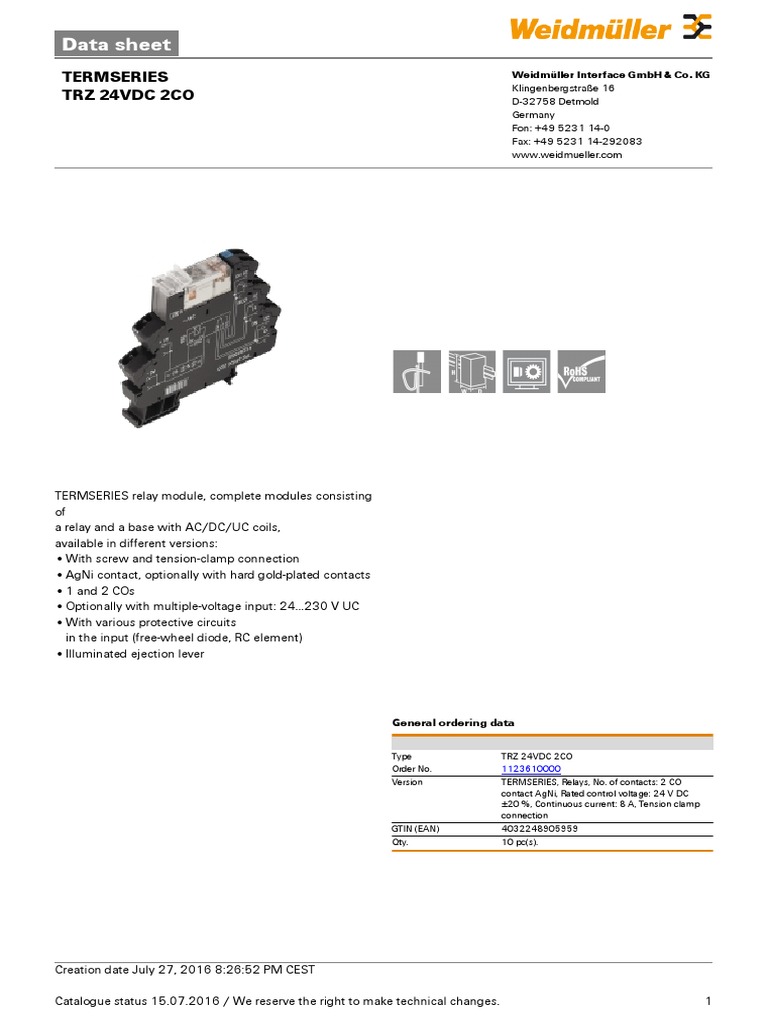 Module, Relay 1123610000 Weidmuller | PDF | Wire | Electricity