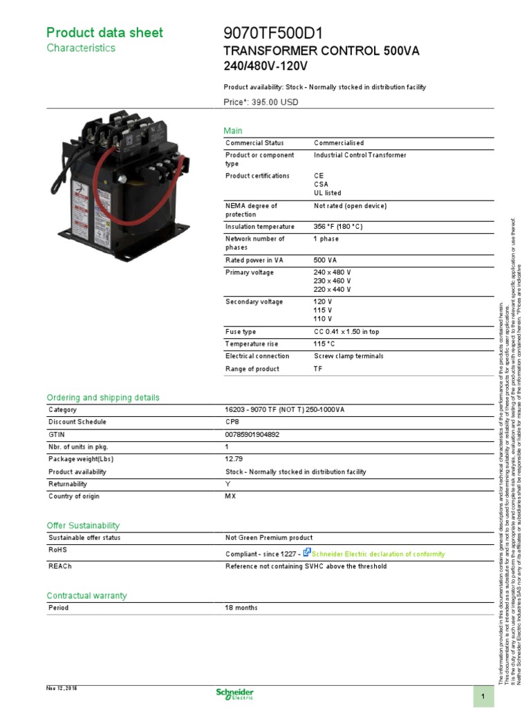Transformer, Control Schneider 9070TF500D1 | PDF | Transformer | Fuse ...