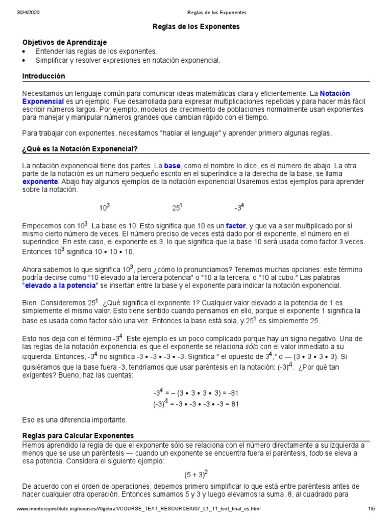 Reglas de Los Exponentes PDF | PDF | Exponenciación | Multiplicación