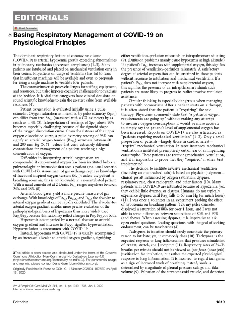 Editorials: Basing Respiratory Management of COVID-19 On Physiological ...