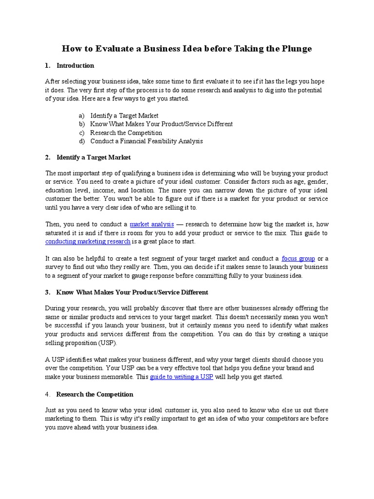 How To Evaluate A Business Idea Before Taking The Plunge | PDF | Swot ...