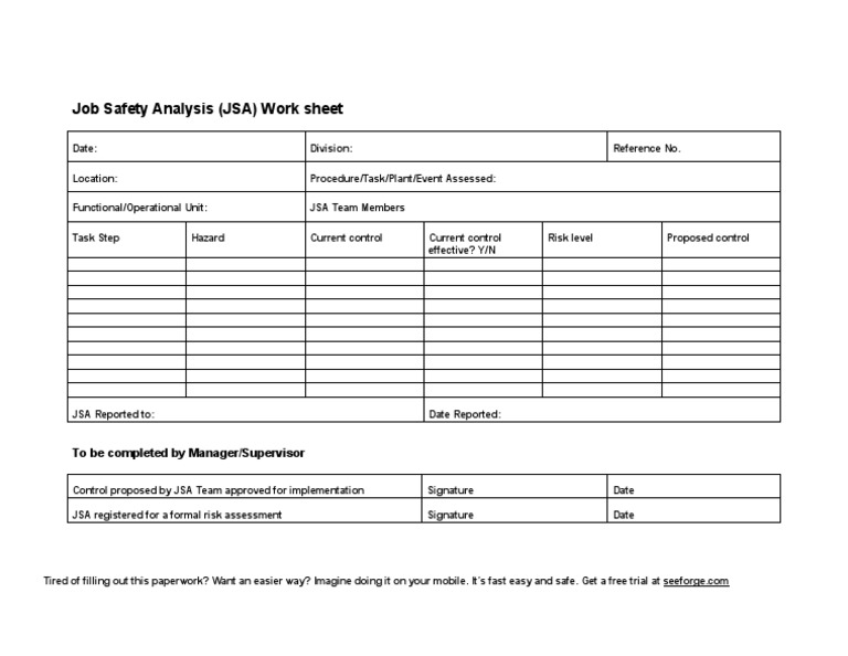 Job Safety Analysis (JSA) Work Sheet: To Be Completed by Manager ...