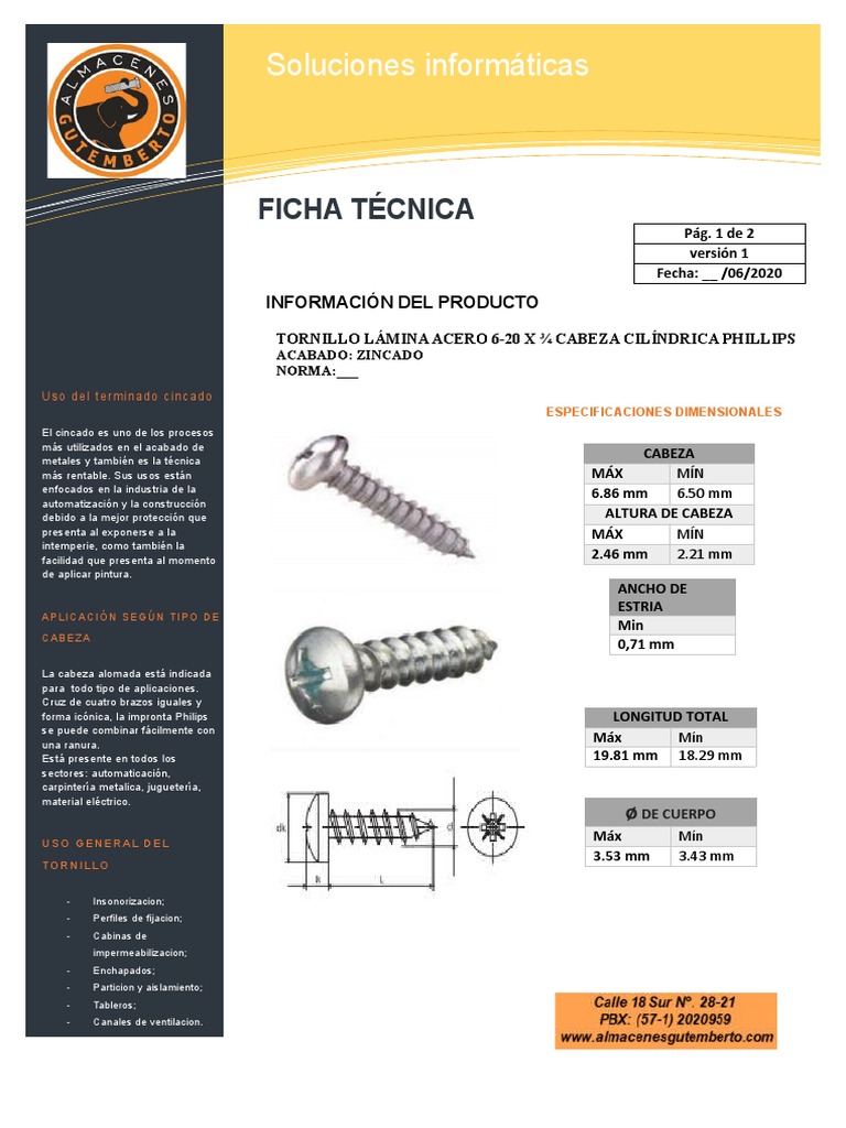 Ficha Tecnica-Tornillo | PDF | Metalurgia | Tornillo