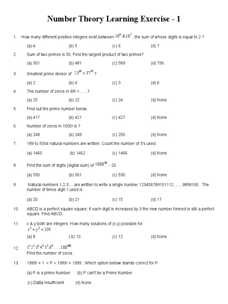 Number Theory Learning Exercise 1 RMO | PDF | Numbers | Prime Number