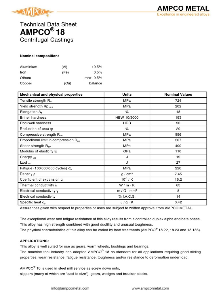 Ampco 18: Technical Data Sheet | PDF | Strength Of Materials | Alloy