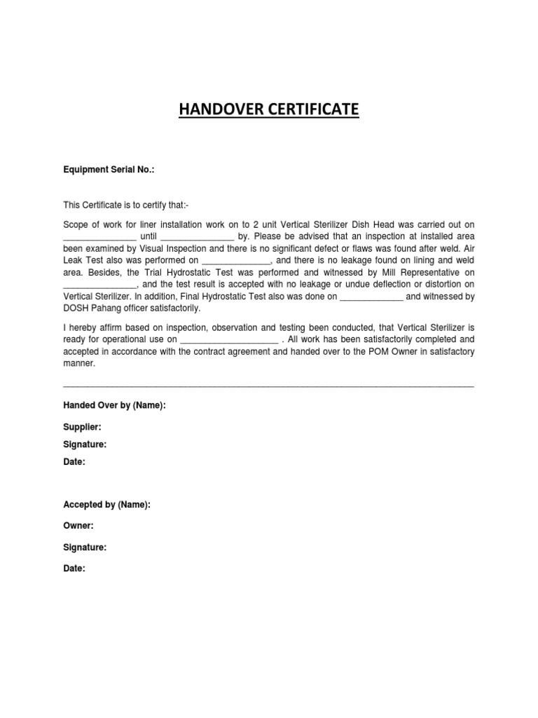 Handover Certificate: Equipment Serial No. | PDF