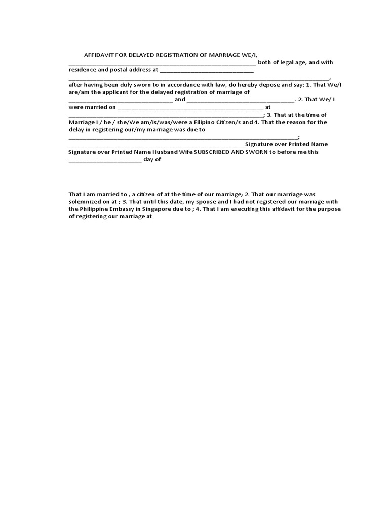 Affidavit For Delayed Registration of Marriage We | PDF
