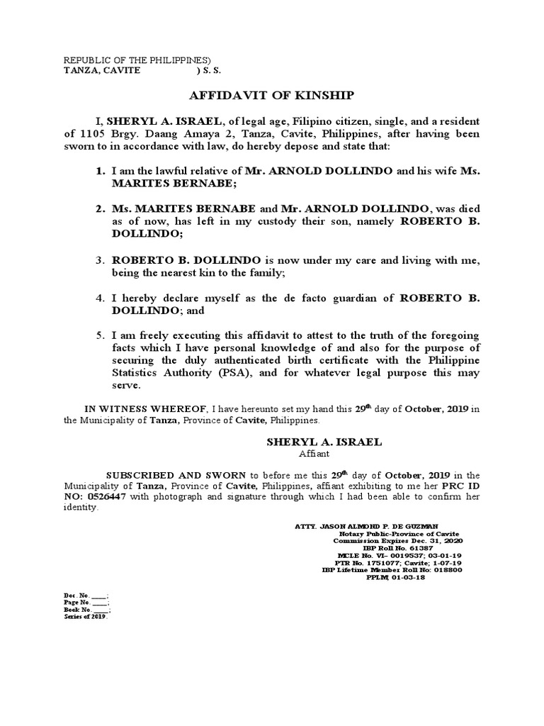 AFFIDAVIT Kinship-Psa Birth-Certificate | PDF | Affidavit | Legal ...