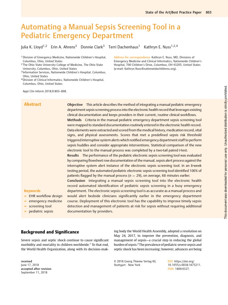 Automating A Manual Sepsis Screening Tool in A Pediatric Emergency ...