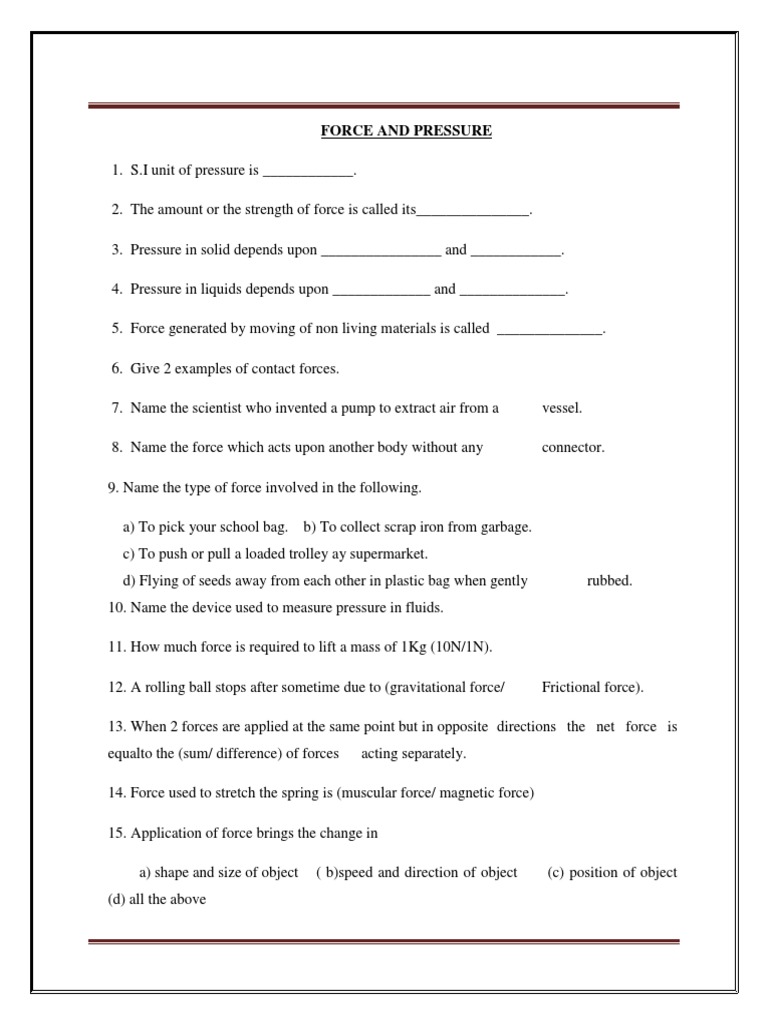 Class 8 Science Worksheet - Force and Pressure Part A | PDF