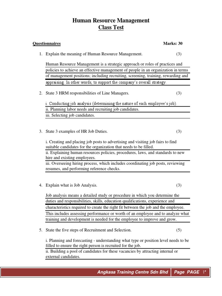 Human Resource Management Class Test: Questionnaires Marks: 30 | PDF ...