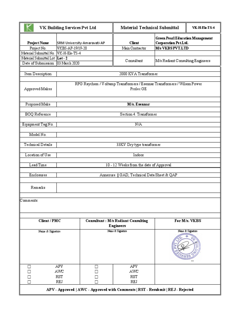 Technical Submittal For Transformer PDF | PDF | Transformer | Switch