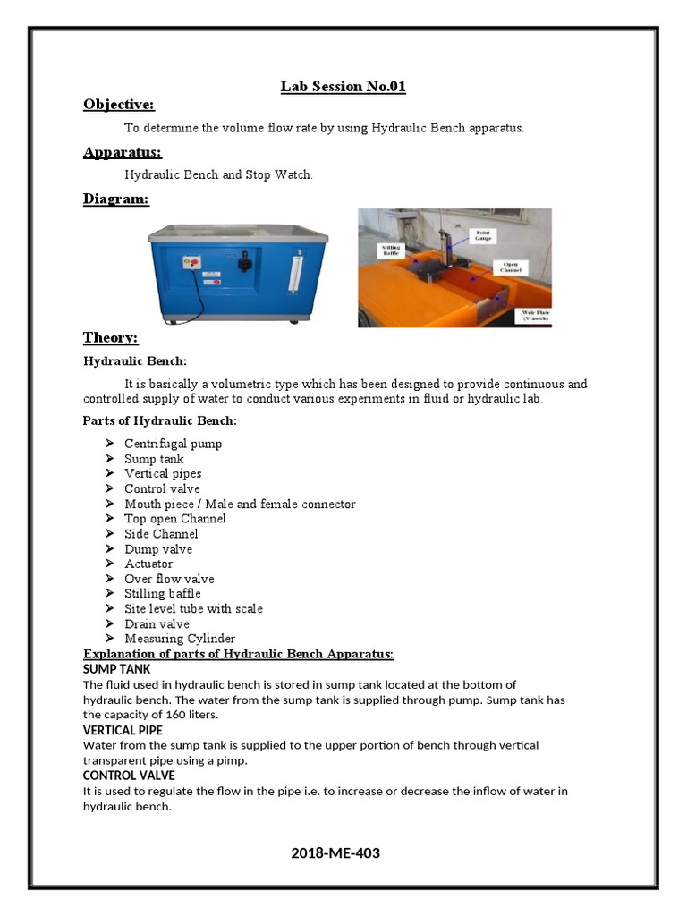 Lab Session No.01 Objective: Apparatus: Diagram:: Hydraulic Bench ...