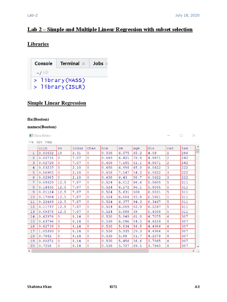 Lab 2 - Simple and Multiple Linear Regression With Subset Selection | PDF | Statistical ...