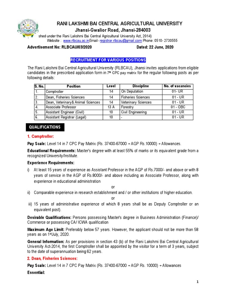 Rani Lakshmi Bai Central Agricultural University | PDF | Academic Degree | Doctor Of Philosophy