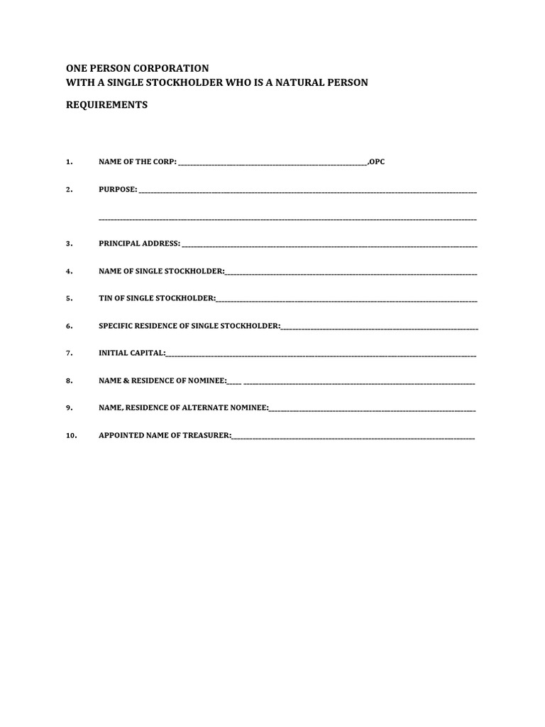 One Person Corporation With A Single Stockholder Who Is A Natural ...